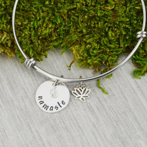 Namaste Adjustable Bangle Bracelet With Lotus Charm Stacking Yoga ...