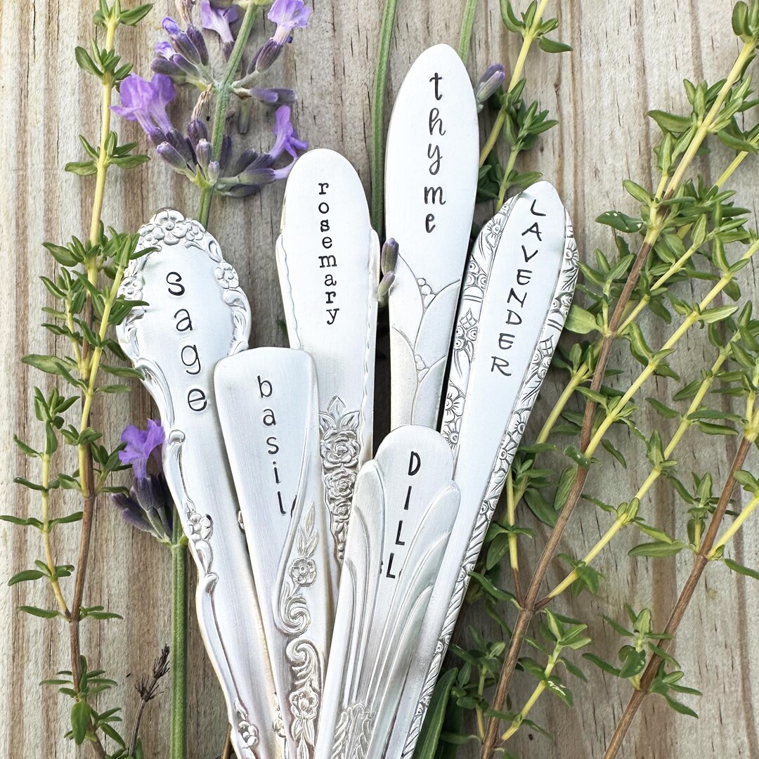 Hand Stamped Vintage Silverplate Garden Marker: Herb & Veggie Plant ...