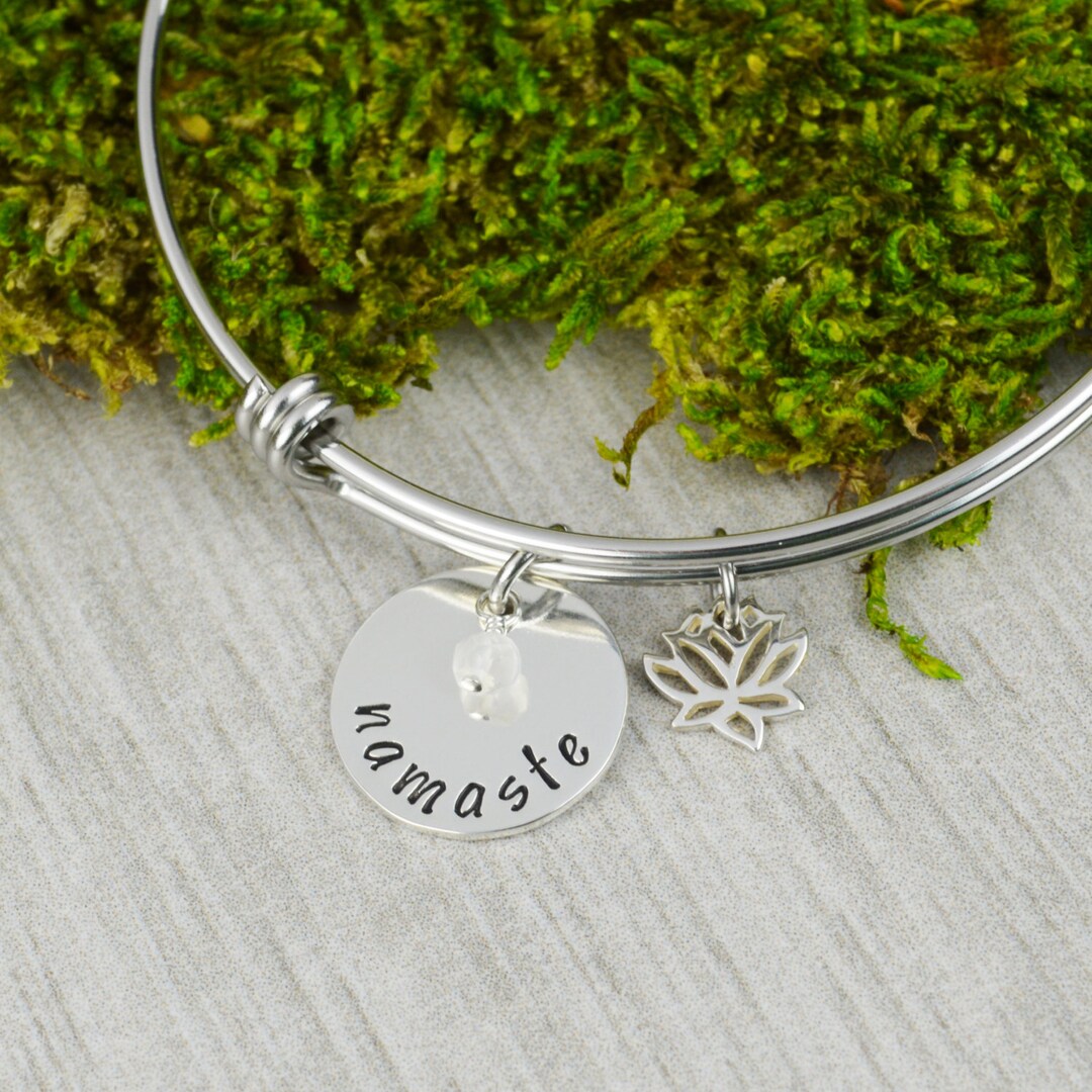 Namaste Adjustable Bangle Bracelet With Lotus Charm Stacking Yoga ...
