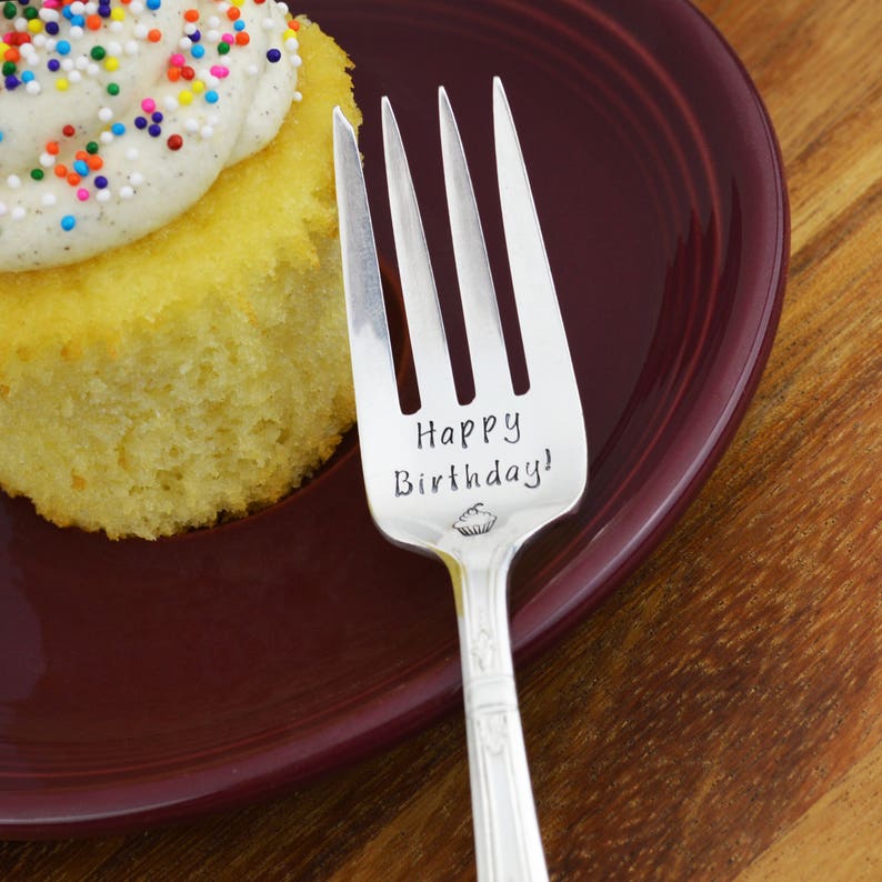 Hand Stamped 'happy Birthday!' Vintage Cake Fork - Etsy