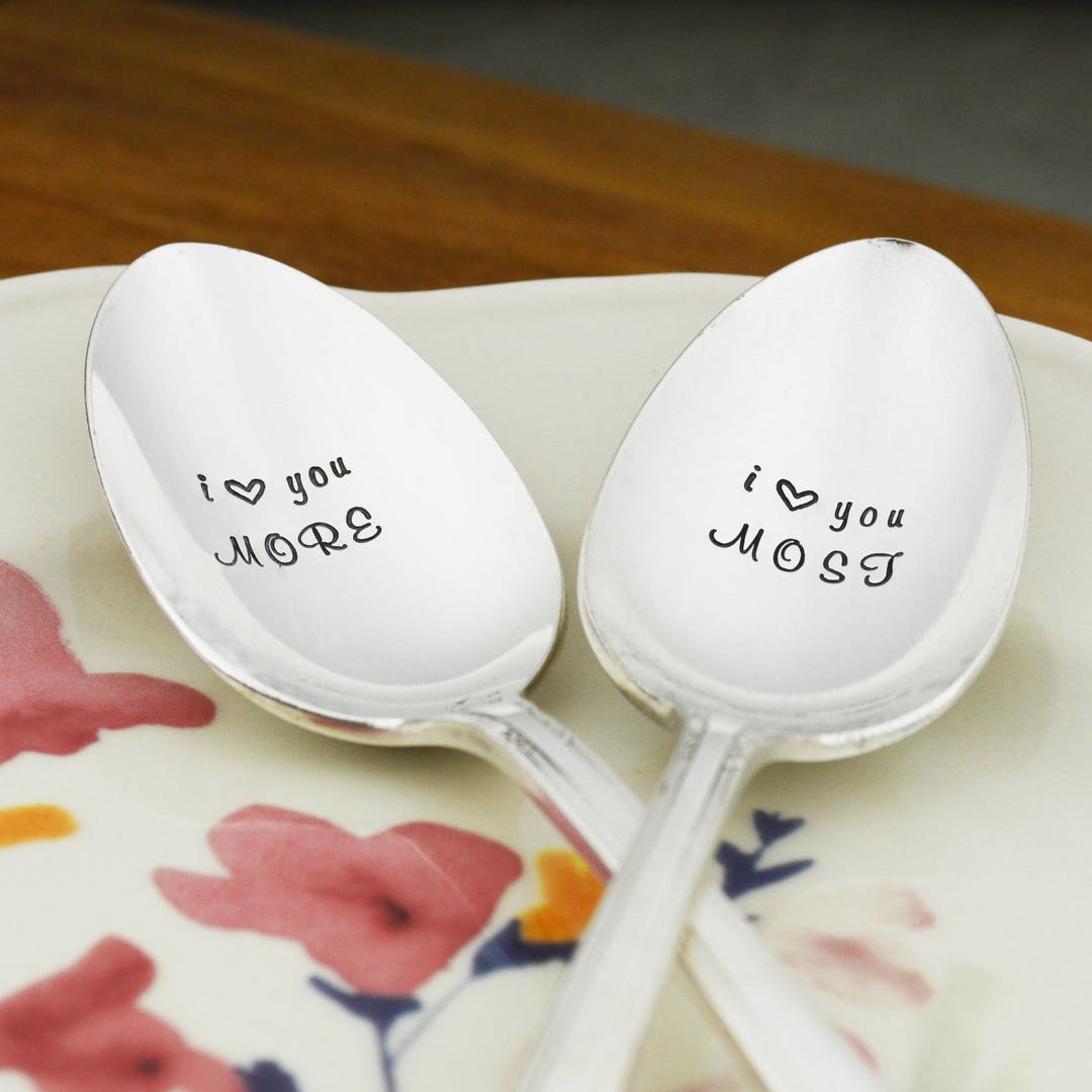 Hand Stamped Coffee Spoons Set: I Love You More, Vintage Silverware - Etsy