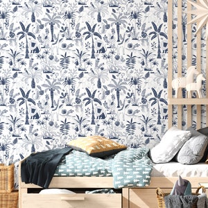 Safari Jungle Illustration, Blue, Wallpaper - Etsy