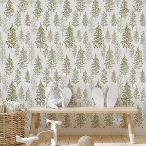 Illustrated Evergreen Forest, Sage Green, Wallpaper - Etsy