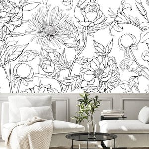 Botanical Line Art Wallpaper Mural: Hand-drawn Flowers Accent - Etsy