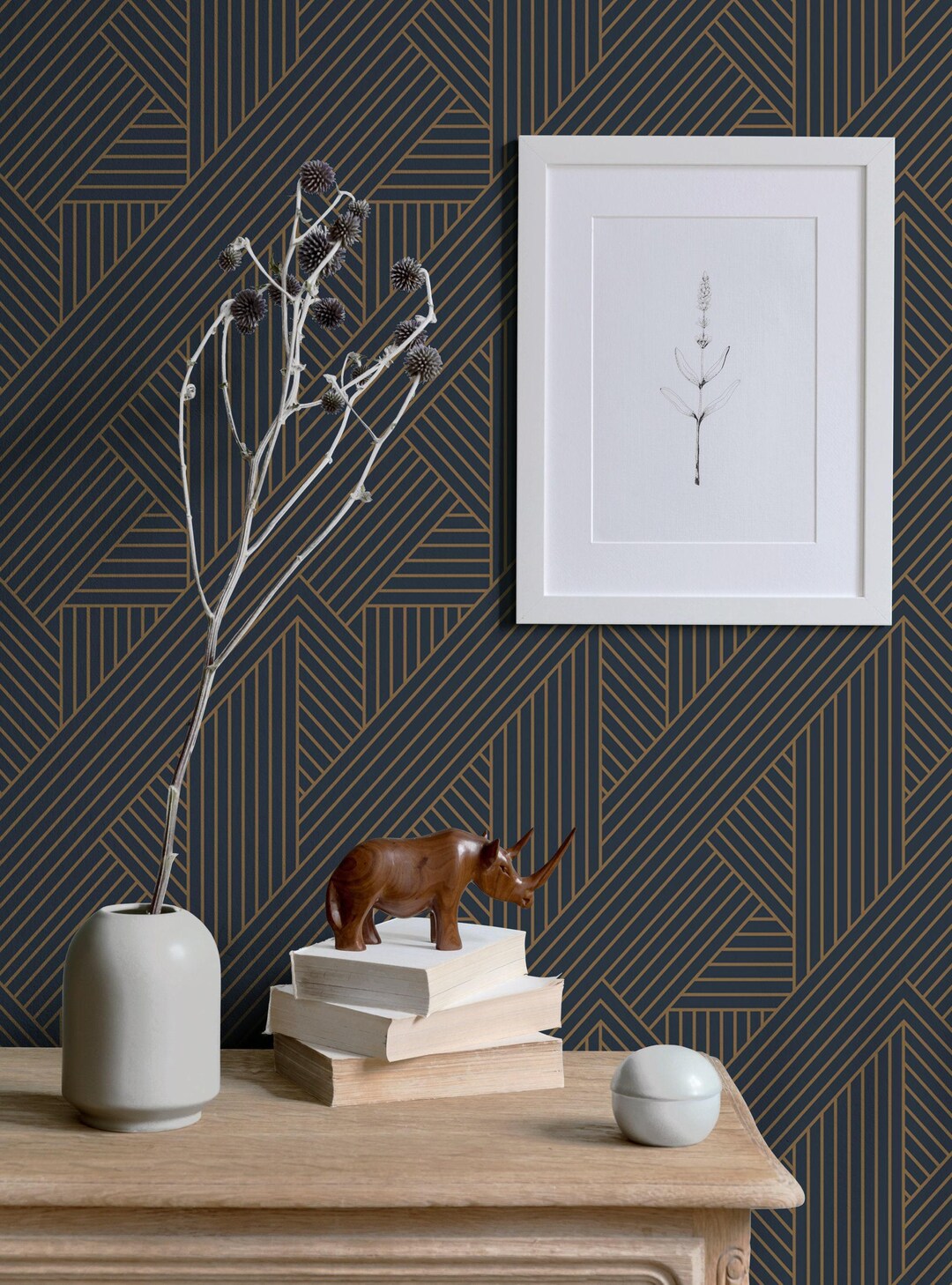 Interwoven Parquet Pattern Wall Covering | Navy Gold | Peel and Stick ...