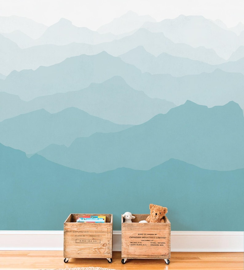 Winter Mountain Mural Wall Covering | Grayish Mint | Peel and Stick or ...