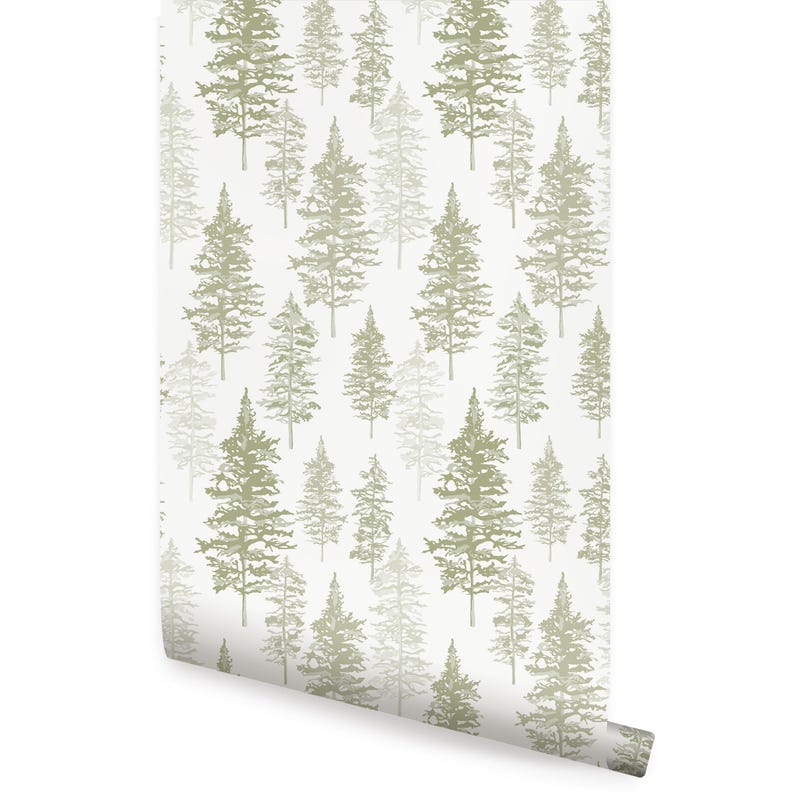 Illustrated Evergreen Forest Wall Covering | Sage Green | Peel and ...