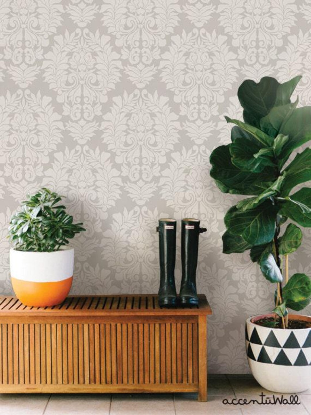 Damask Classic Wall Covering | Beige on Grey | Peel and Stick or ...
