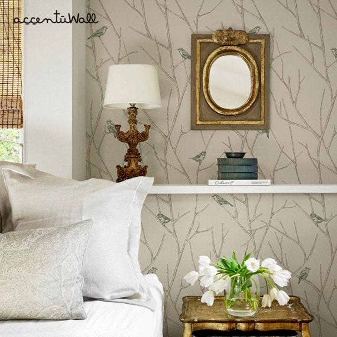 Branch Birds Wall Covering | Green | Peel and Stick or Unpasted ...