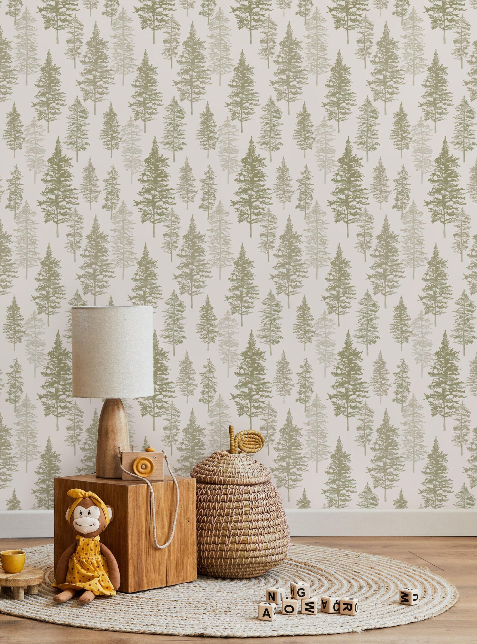 Illustrated Evergreen Forest Wall Covering | Sage Green | Peel and ...