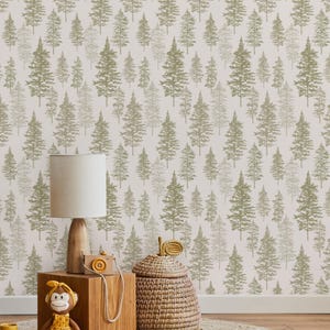 Illustrated Evergreen Forest, Sage Green, Wallpaper - Etsy