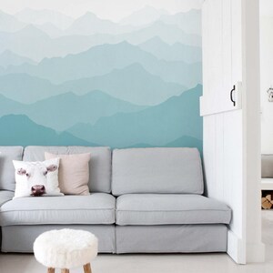 Winter Mountain Mural Wall Covering | Grayish Mint | Peel and Stick or ...