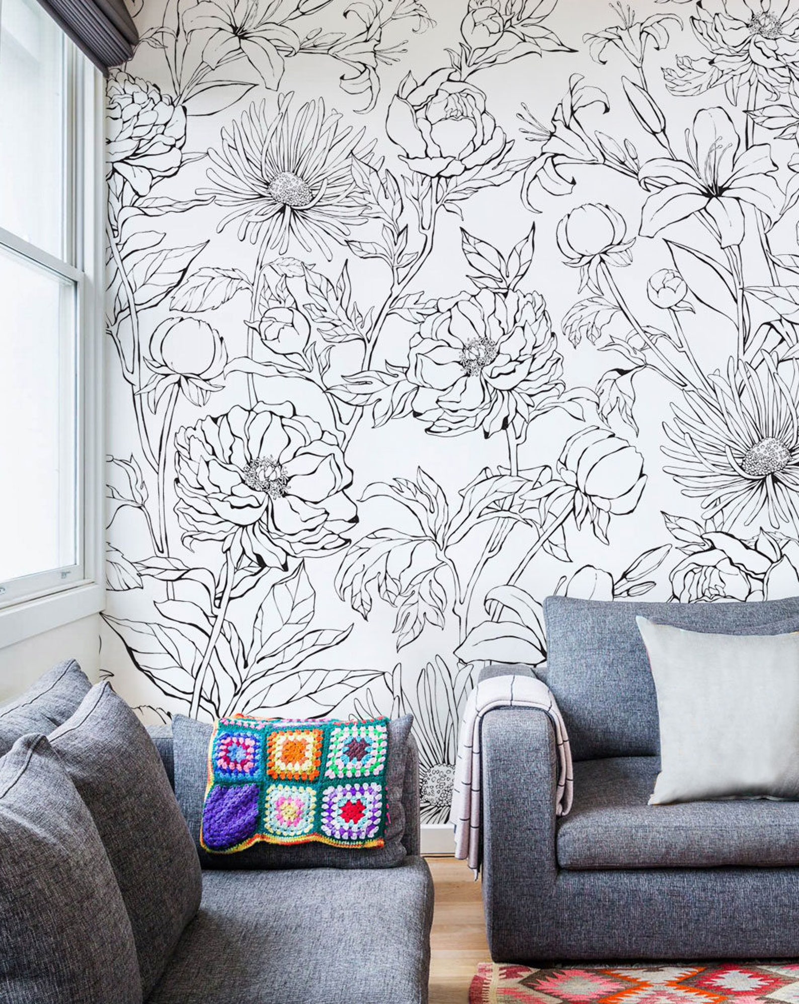 Botanical Garden Hand Drawn Flowers Accent Mural Wallpaper - Etsy