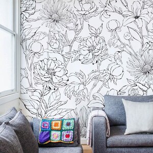 Botanical Line Art Wallpaper Mural: Hand-drawn Flowers Accent - Etsy