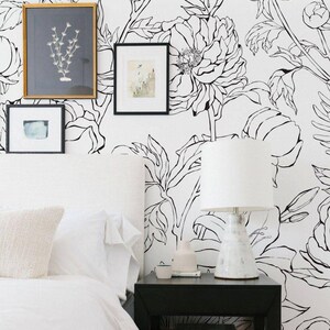 Botanical Line Art Wallpaper Mural: Hand-drawn Flowers Accent - Etsy