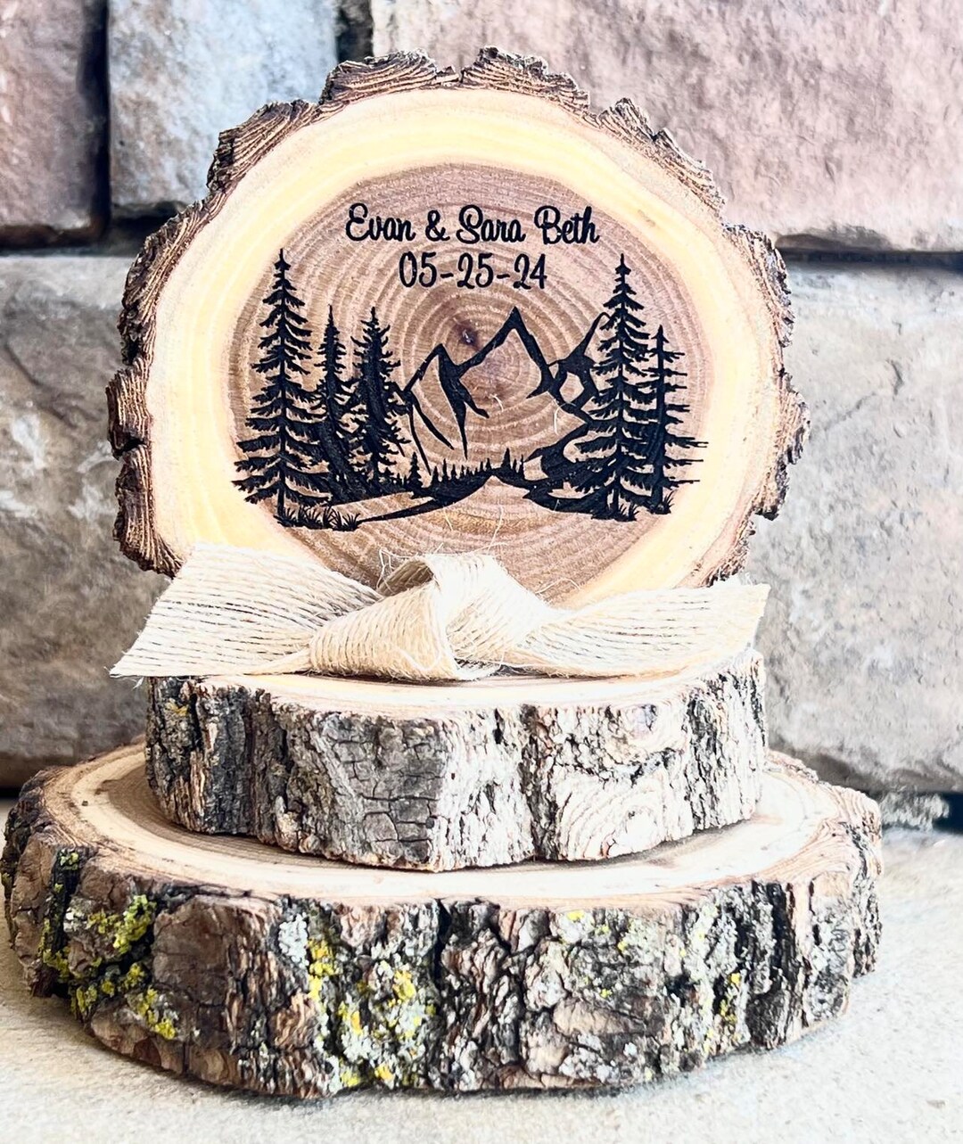 Rustic Wood Slice Wedding Cake Topper: Mountain Scene, Personalized - Etsy