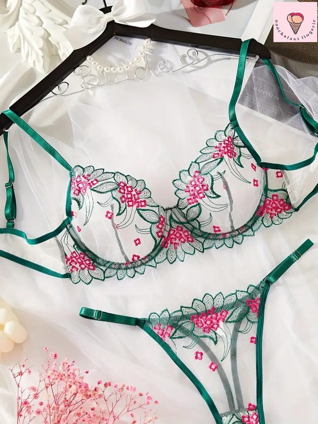 Green Lingerie Set Floral Embroidery Lingerie Set Mesh Sheer Bra And Thong Sexy Lingerie