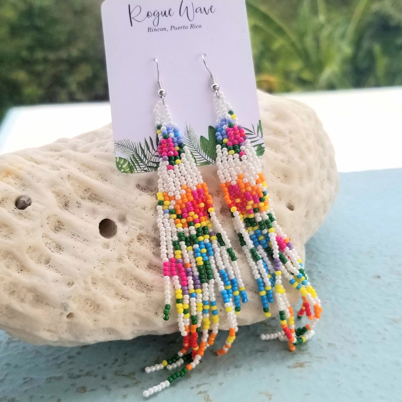Long Beaded Earrings Floral Seed Bead Handmade Puerto Rico - Etsy