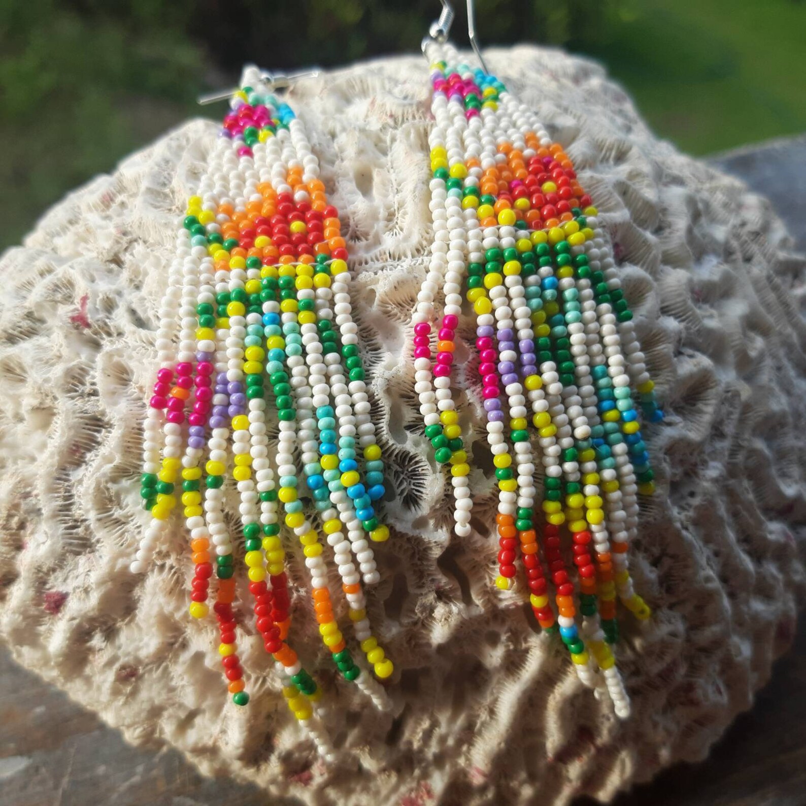 Long Beaded Earrings Floral Seed Bead Handmade Puerto Rico - Etsy