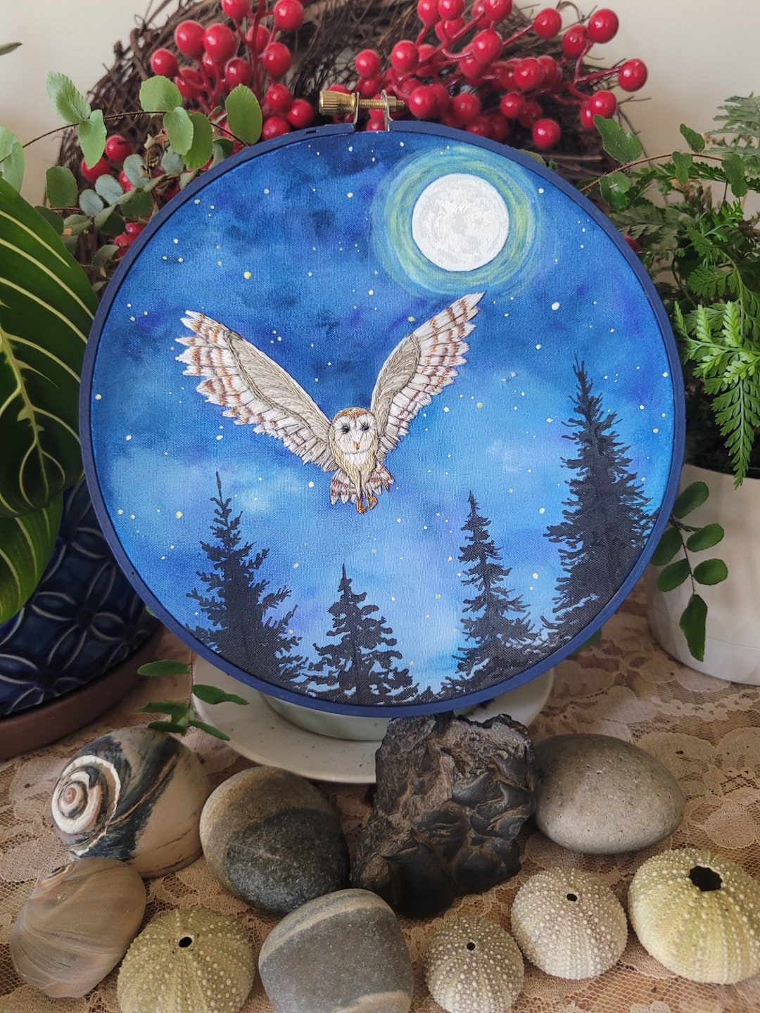 Embroidered Owl and Night Sky, Hoop Art, Nature, Moon and Stars, Home ...