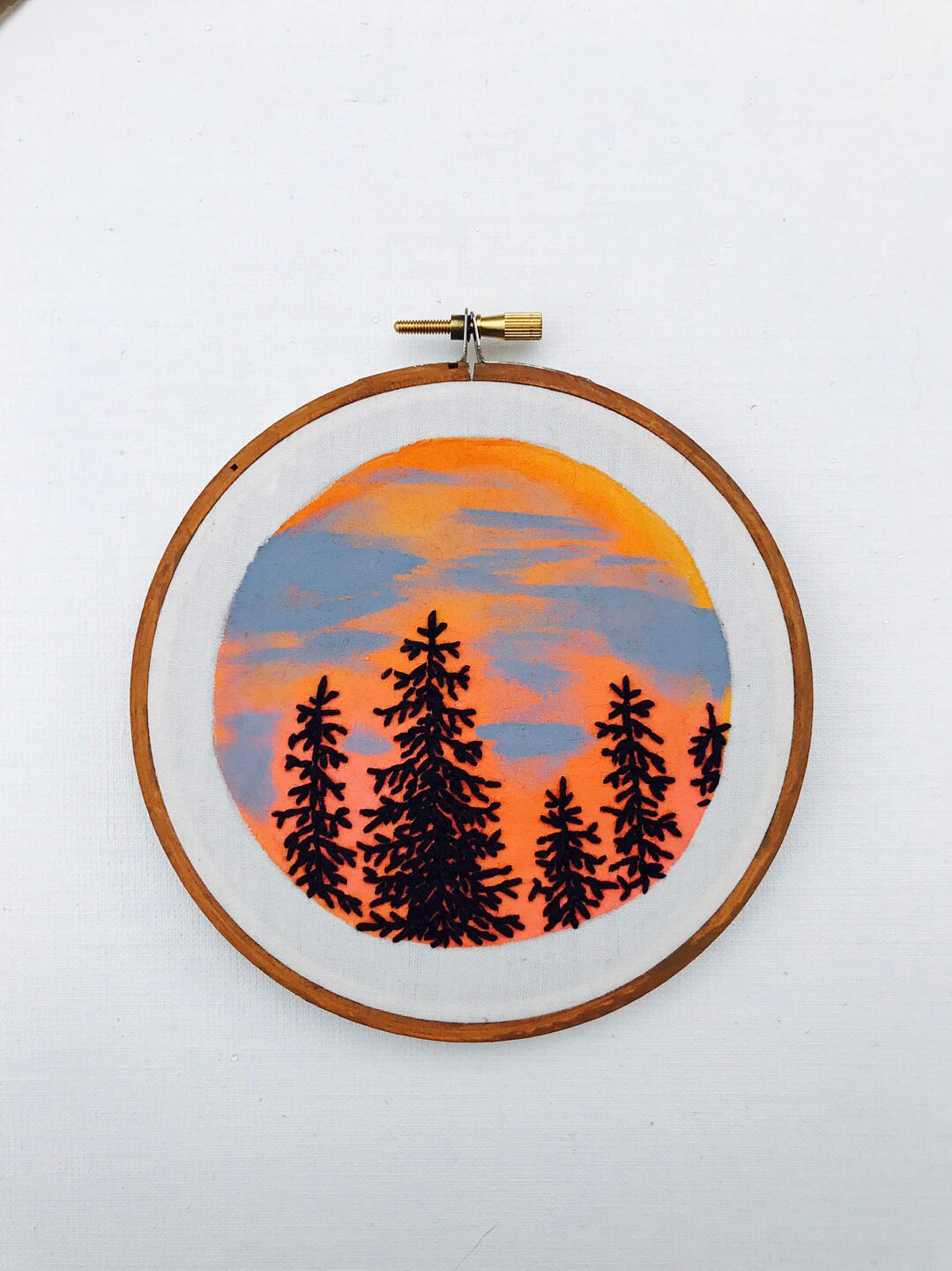 Hand Embroidery. Sunset Sky and Trees. Hoop Art. Embroidered Art ...
