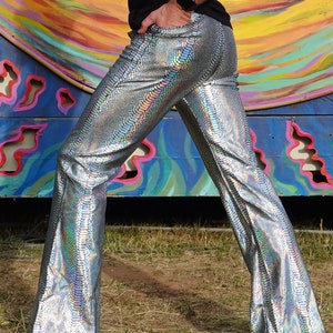 4 Pocket Silver Snake Flare Pants Holographic Metallic Snake Print Bell ...