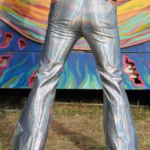 4 Pocket Silver Snake Flare Pants Holographic Metallic Snake Print Bell ...