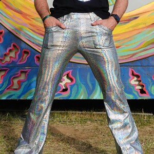 4 Pocket Silver Snake Flare Pants Holographic Metallic Snake Print Bell ...