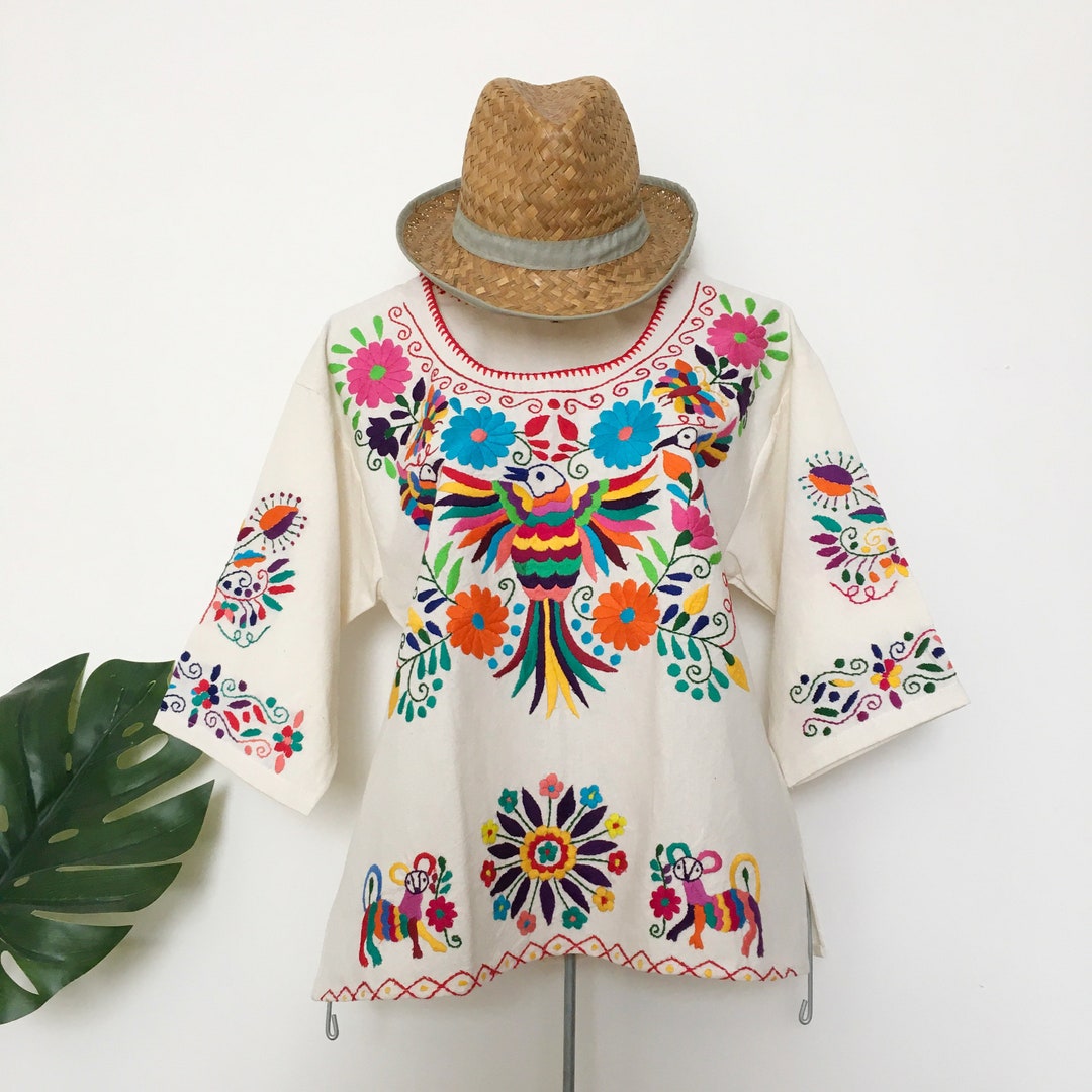 Mexican Blouse, Hand-embroidered Robe, Beautiful Colorful Mexican ...