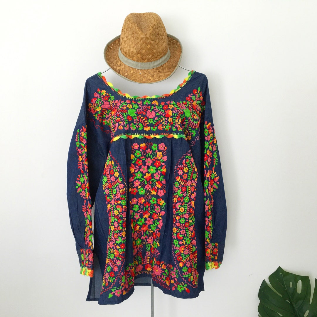 Mexican Blouse Hand-embroidered Robe Beautiful Colorful - Etsy