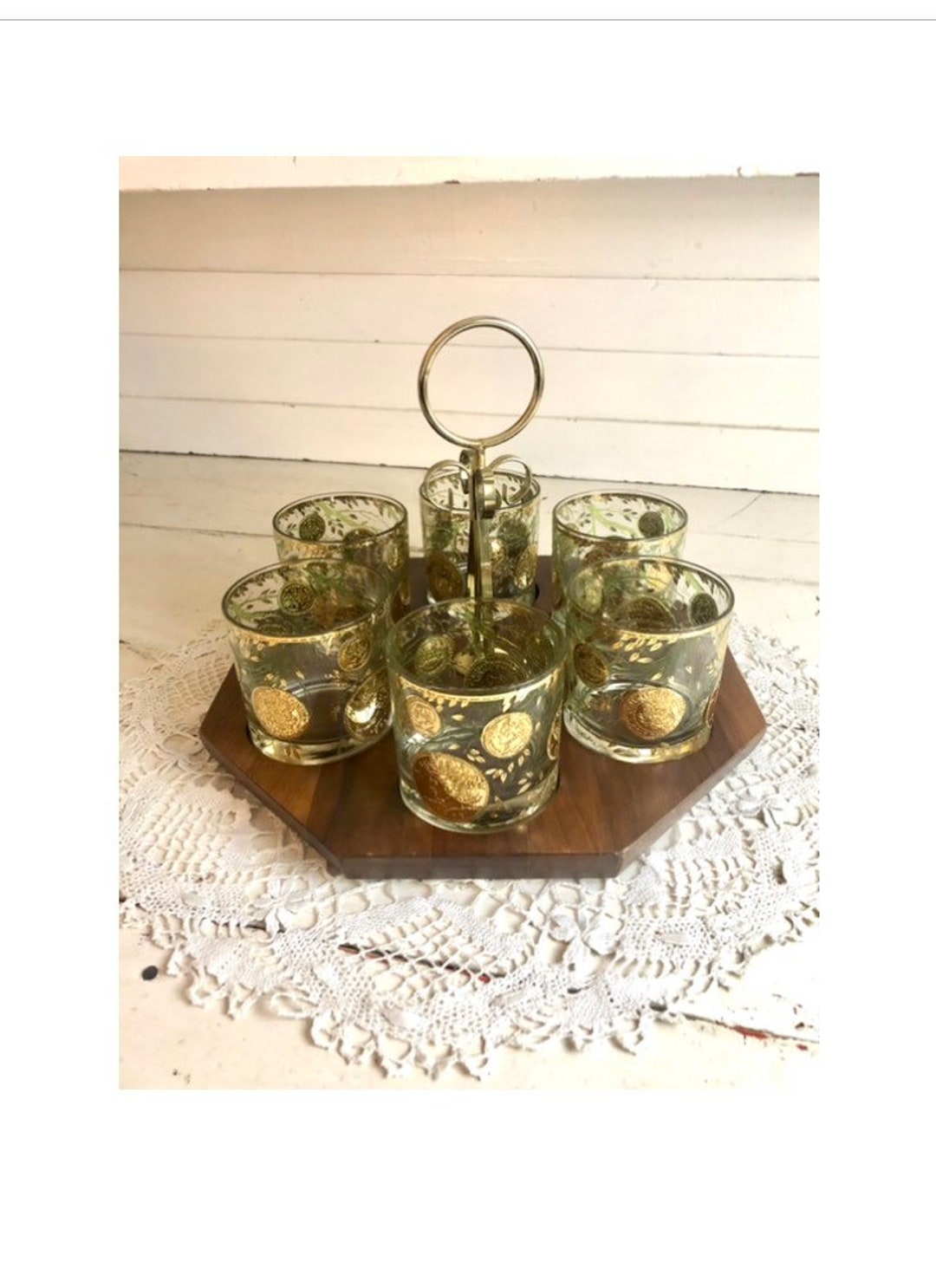 Mid Century Barware Culver Glass Cocktail Coin Glasses in Serving Tray ...