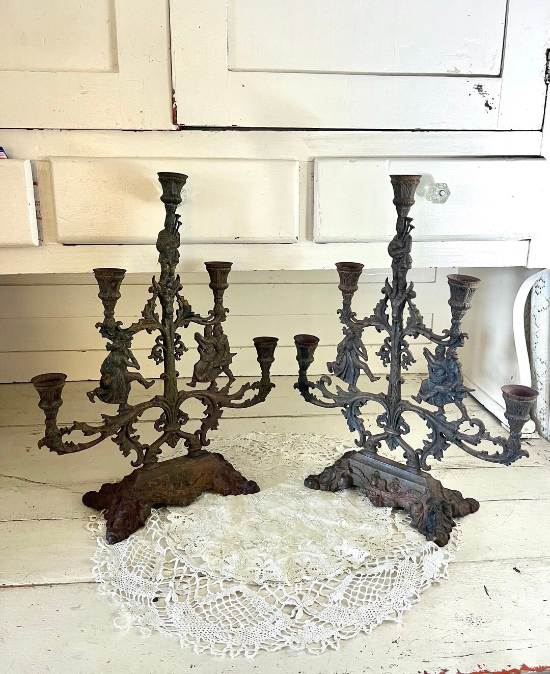 Antique Candelabra Pair Scottish Bagpipes Highlander Rusty Iron Candle ...