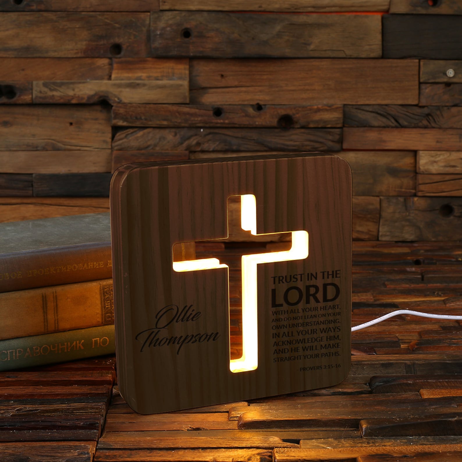Cross LED Nightstand Light Personalized Pine Wood and Dark - Etsy