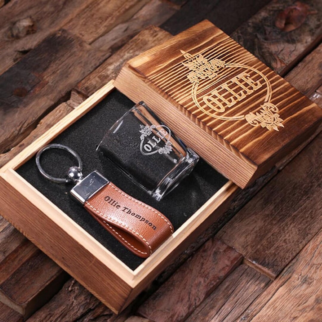 Personalized Leather Engraved Key Chain Key Ring, Shot Glass and Wood ...