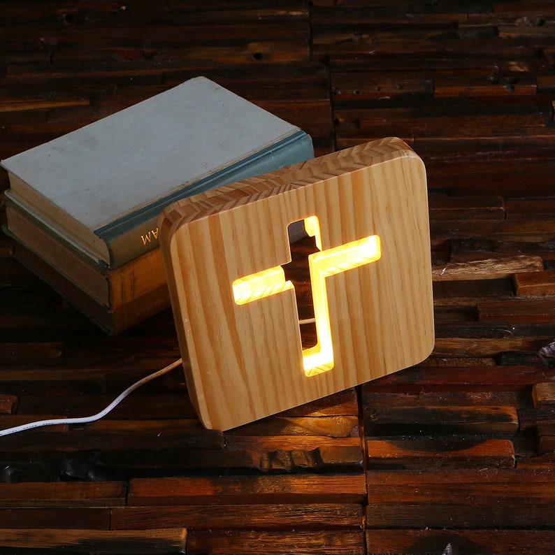 Cross LED Nightstand Light Personalized Pine Wood and Dark Walnut - Etsy