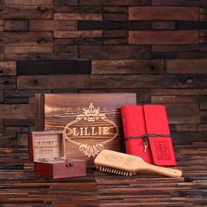 4pc Women's Gift Set Personalized Wood Hair Brush, Wood Jewelry Box ...