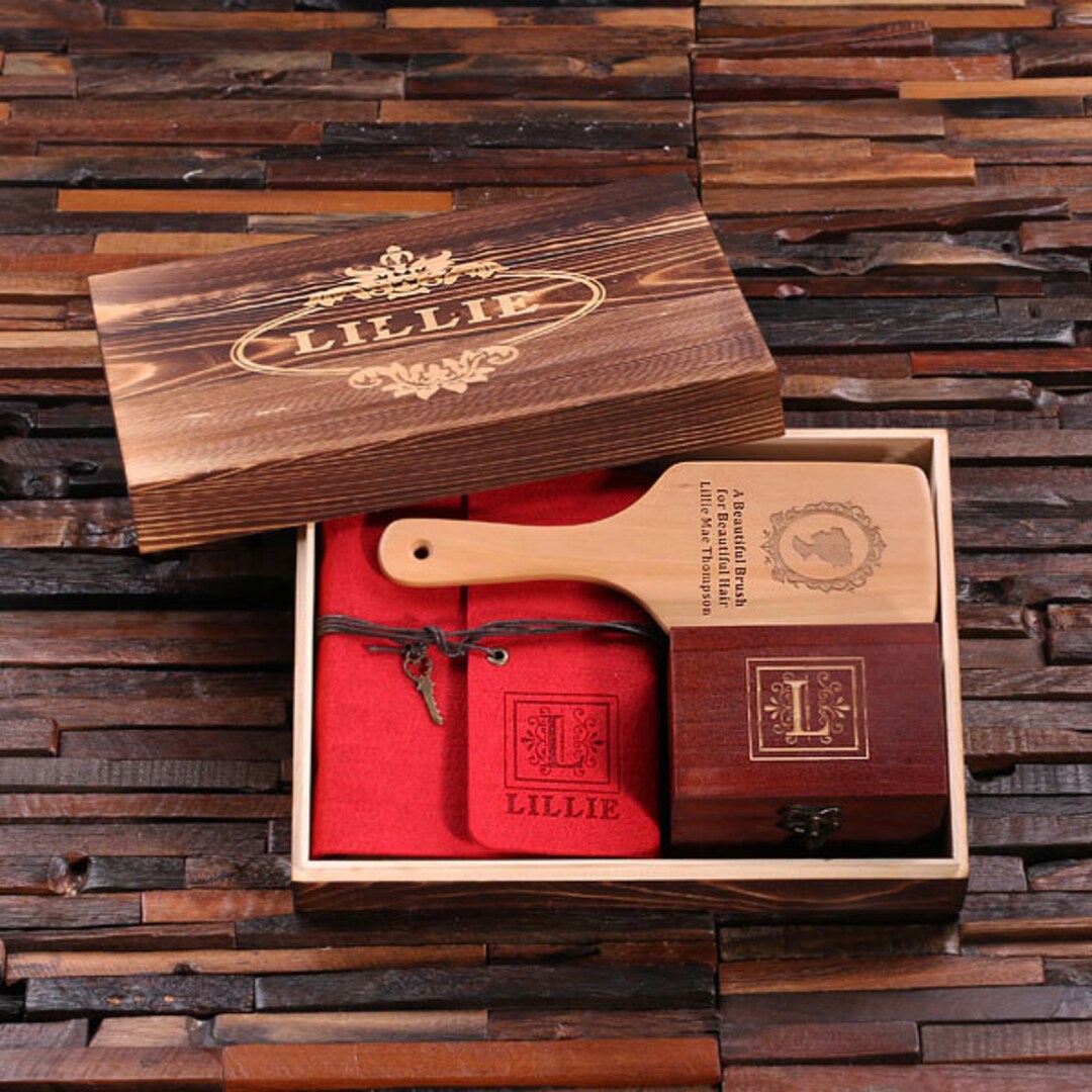 4pc Women's Gift Set Personalized Wood Hair Brush, Wood Jewelry Box ...