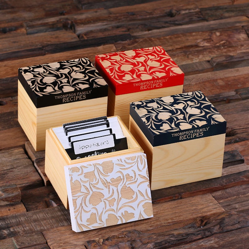 50 Recipe Cards Box Engraved with Dividers Labels | Etsy