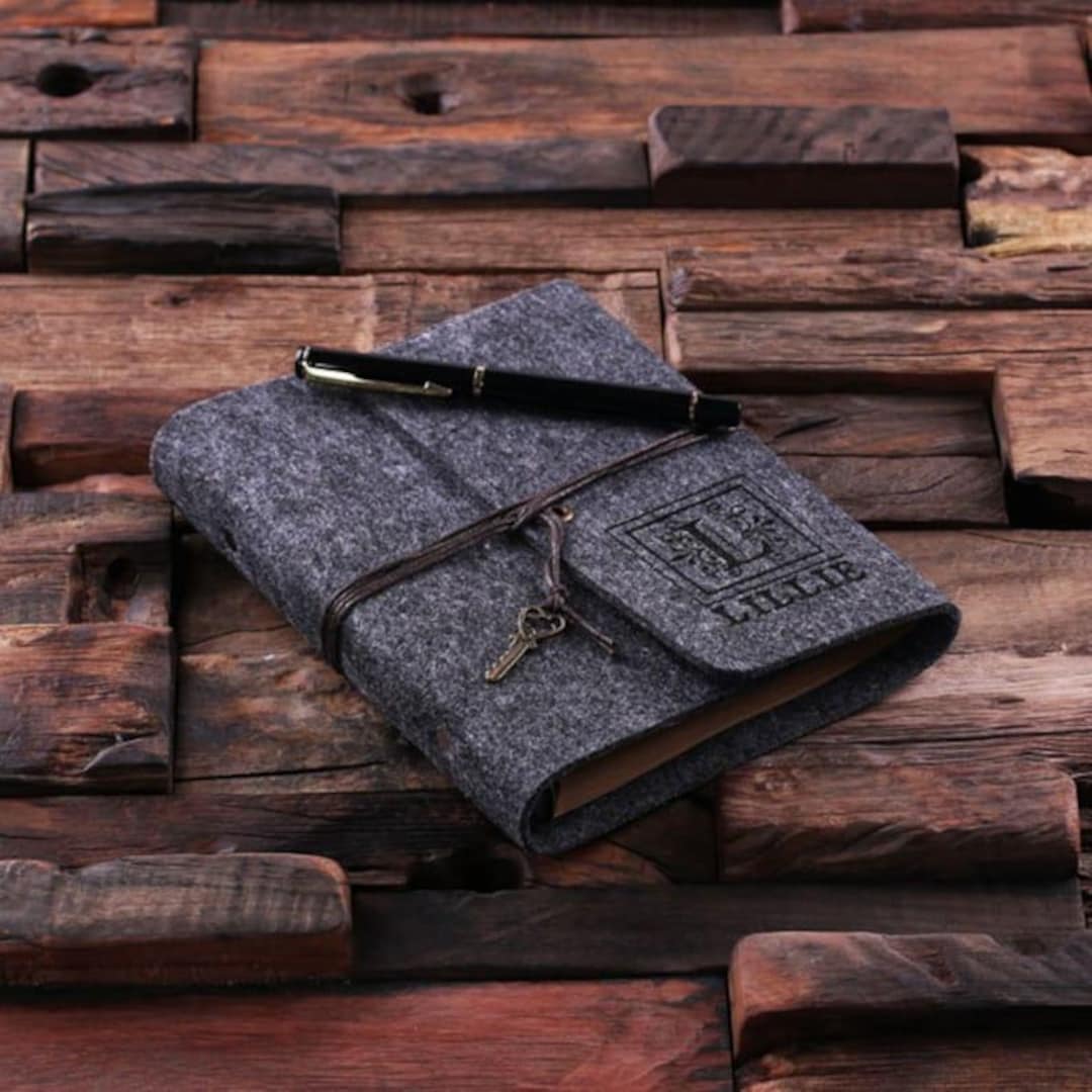 Monogrammed Personalized Dark Grey Felt Engraved Notebook Diary ...