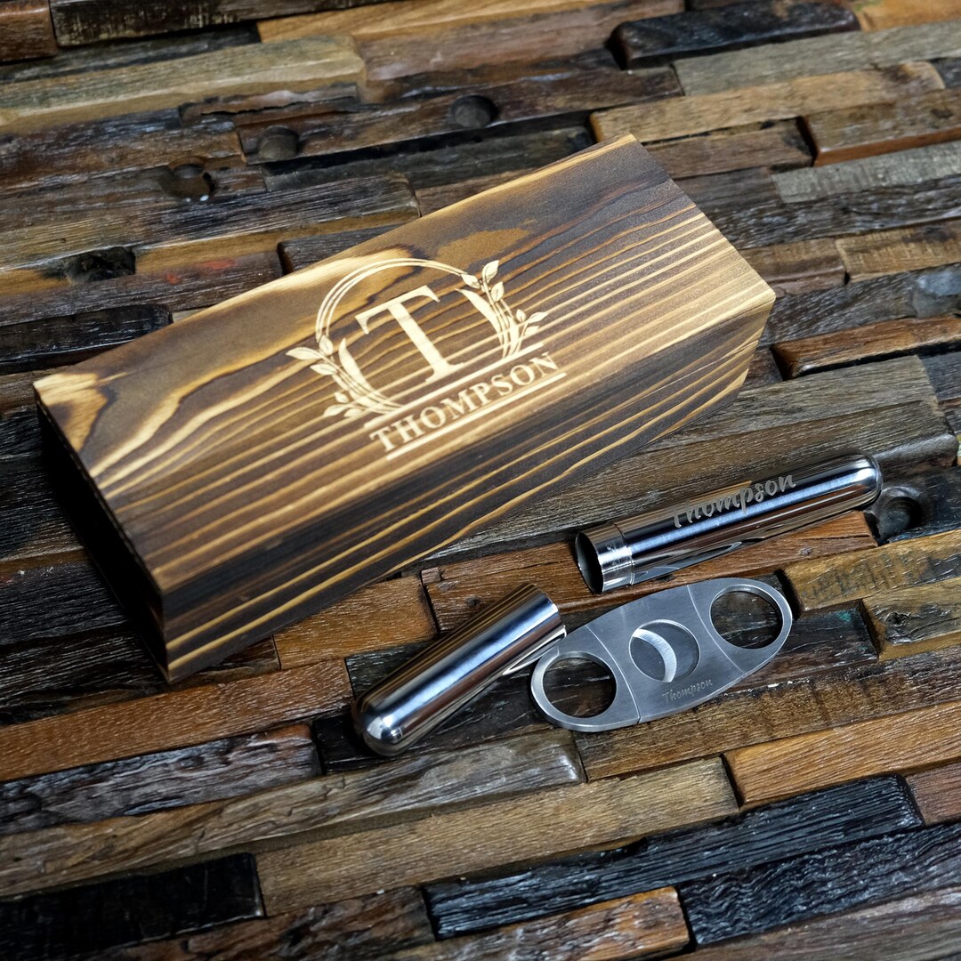Steel Cigar Holder & Cutter Gift Set - Custom Wood Box - for Father's ...