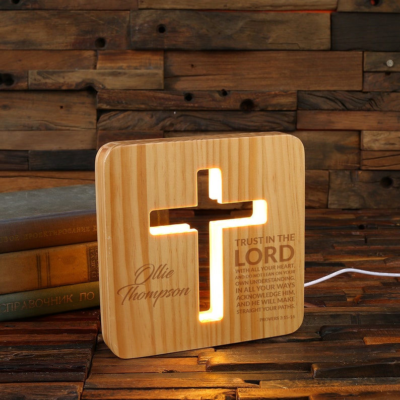 Cross LED Nightstand Light Personalized Pine Wood and Dark Walnut - Etsy