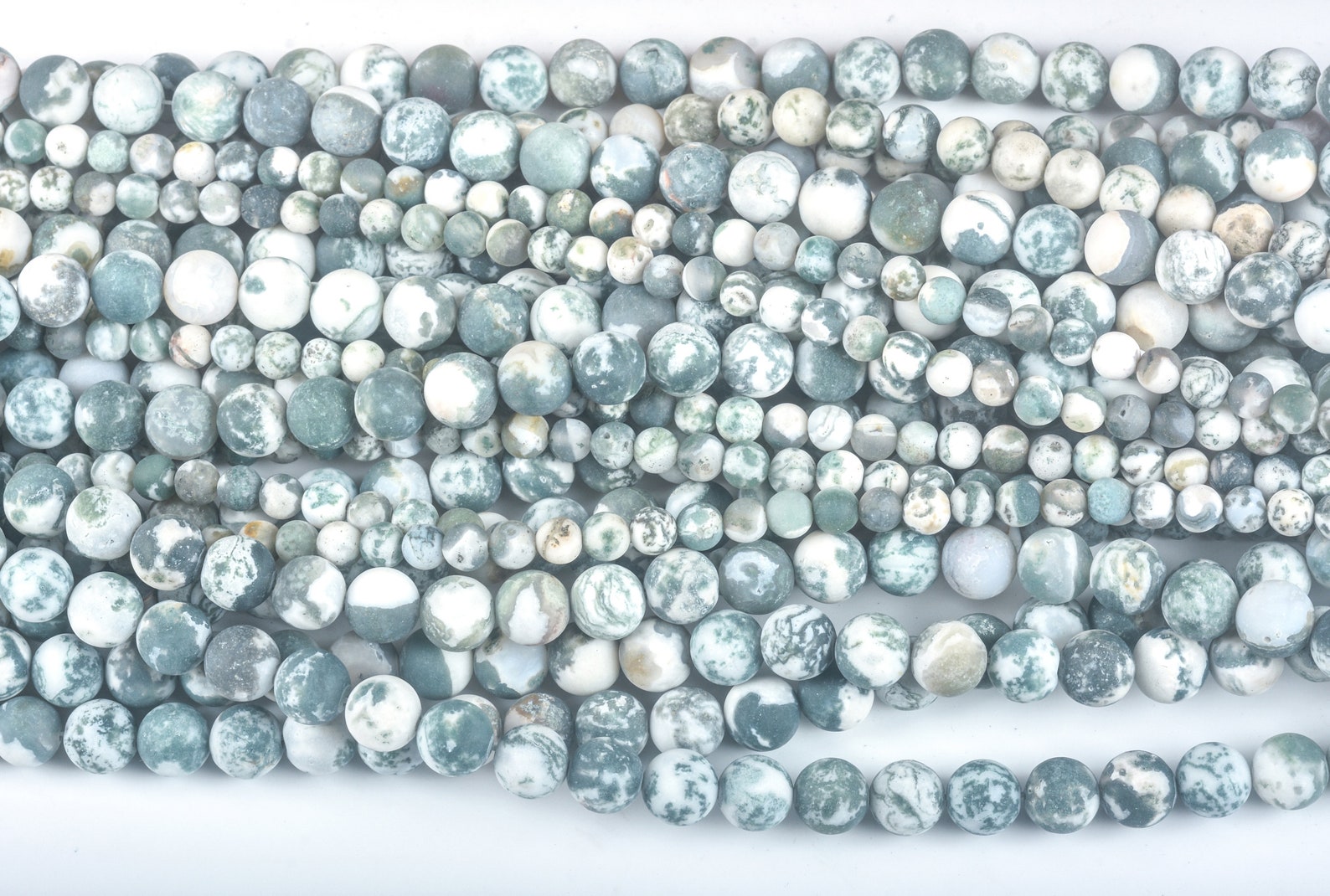 Matte Tree Agate Beads - White and Green Tree Agate Round Beads ...