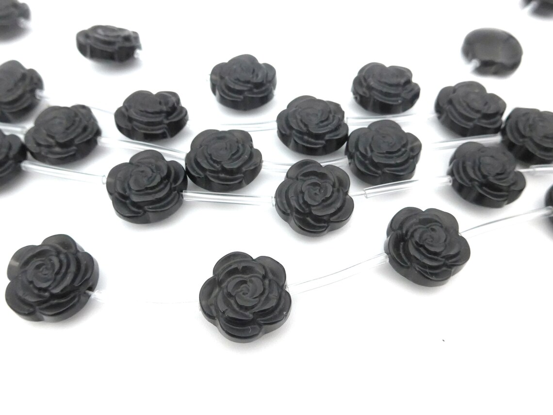 Natural Obsidian Gemstone Flower Beads - Carved Rose Floral Beads ...