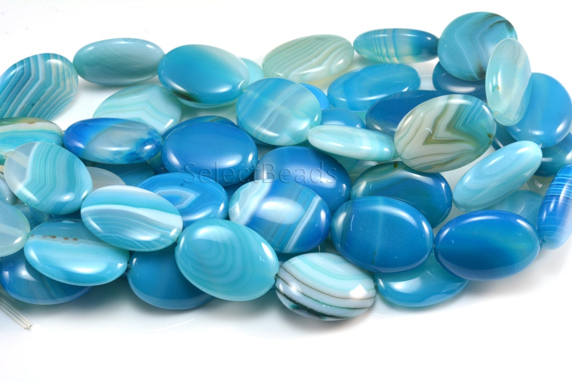 Blue Banded Agate Beads Puffy Oval Gemstone Bead Striped - Etsy