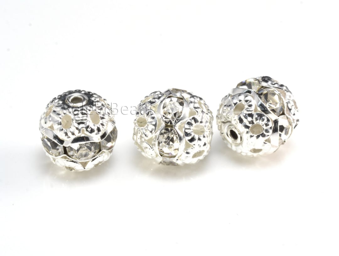 Rhinestone Ball Bead, White Rhinestone, Silver Plated, 6-12mm, White ...