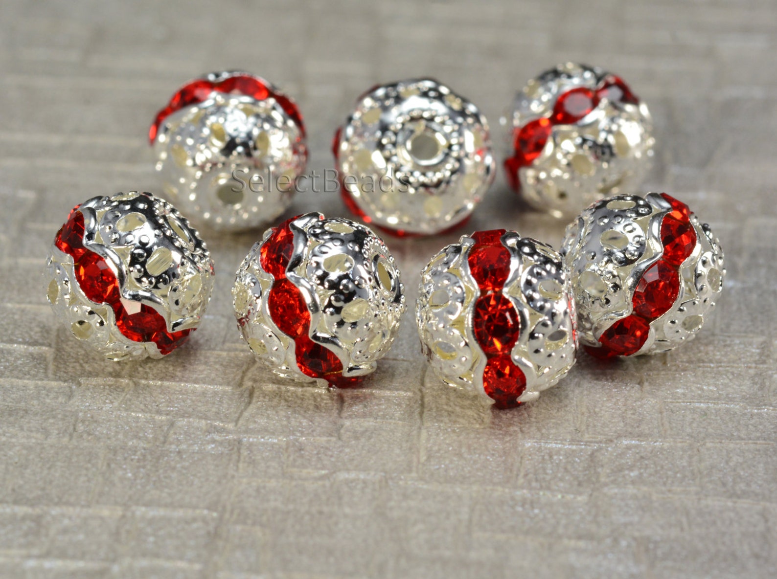 Red Rhinestone Filigree Ball Beads - Red Crystal Stripe Beads - Red ...