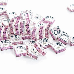 Pink Crystal Brass Spacer Beads - Silver Tone Rhinestone Square Spacers ...