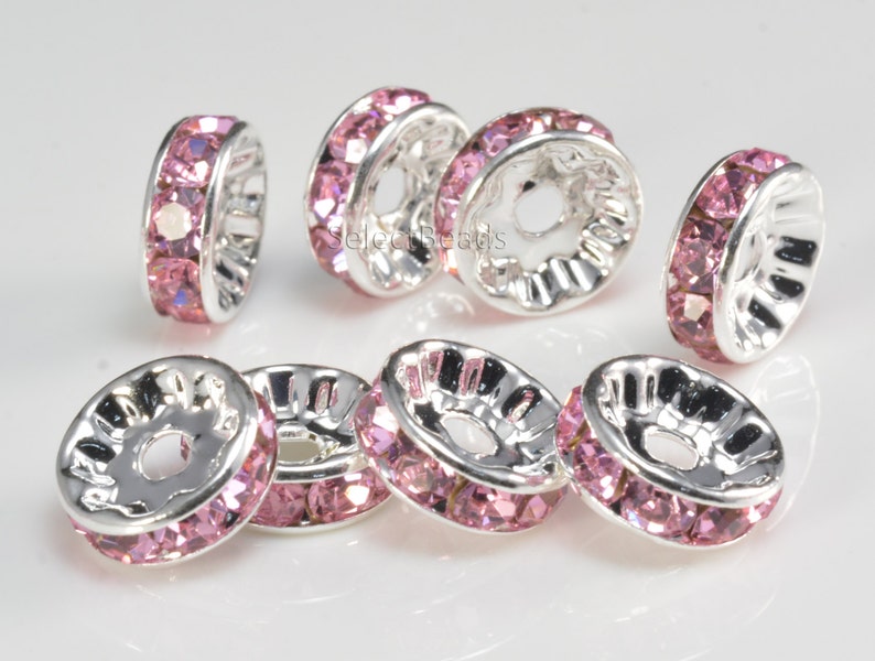 Pink Crystal Rondelle Beads - Silver Tone Wheel Spacers - Round Edge ...