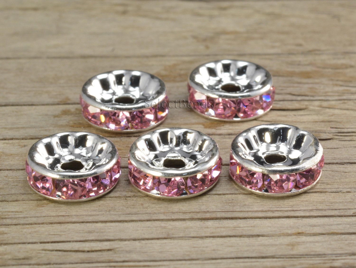Pink Crystal Rondelle Beads - Silver Tone Wheel Spacers - Round Edge ...