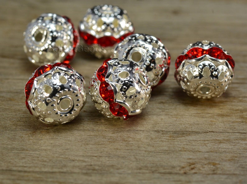 Red rhinestone filigree ball beads red crystal stripe beads | Etsy